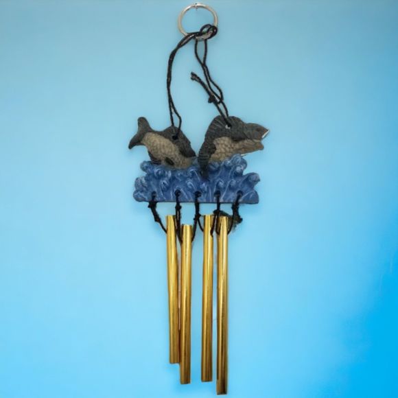 Accents | Fish Wind Chimes Resin Big Mouth Bass Ocean Waves Gold Metal ...